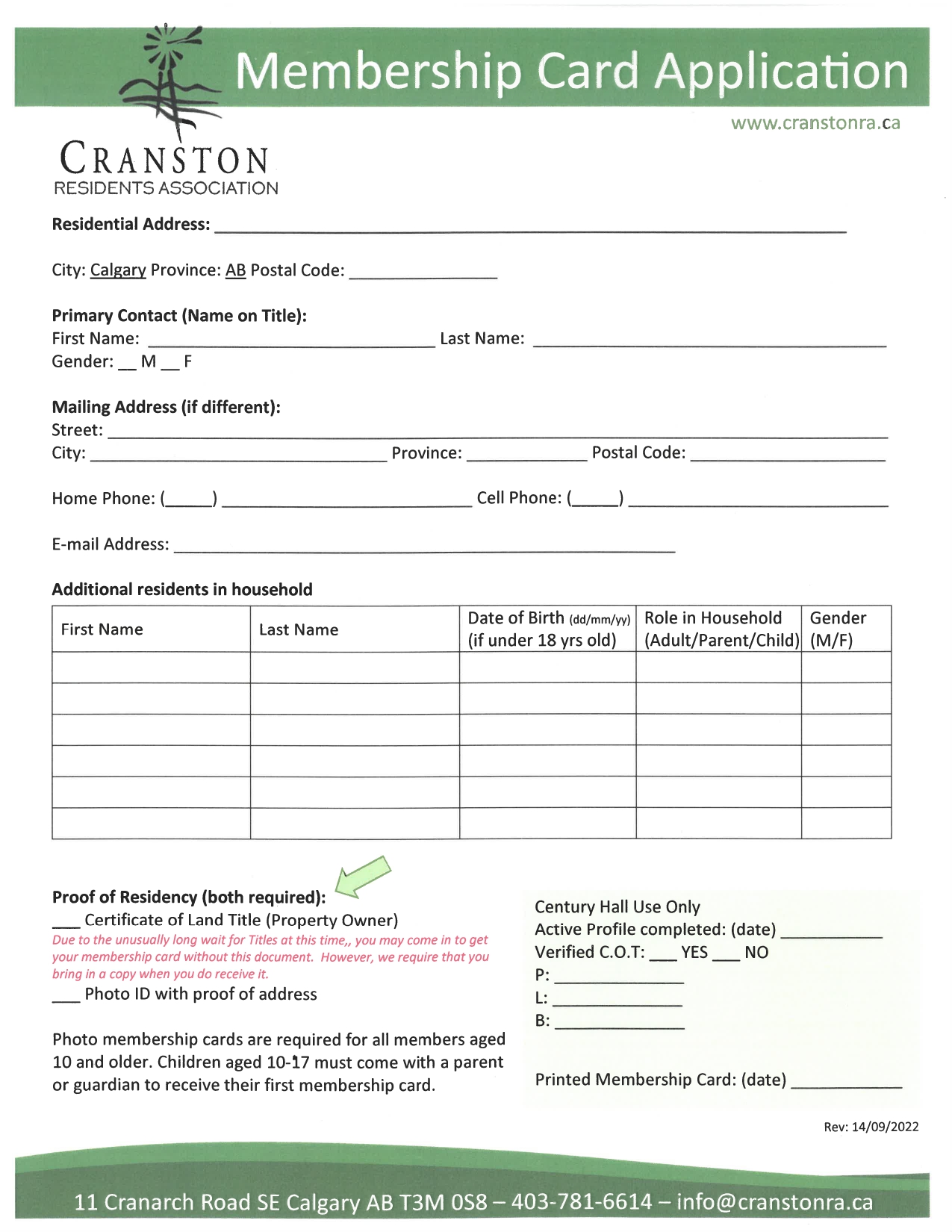 Century Hall Forms - Cranston Residents Association